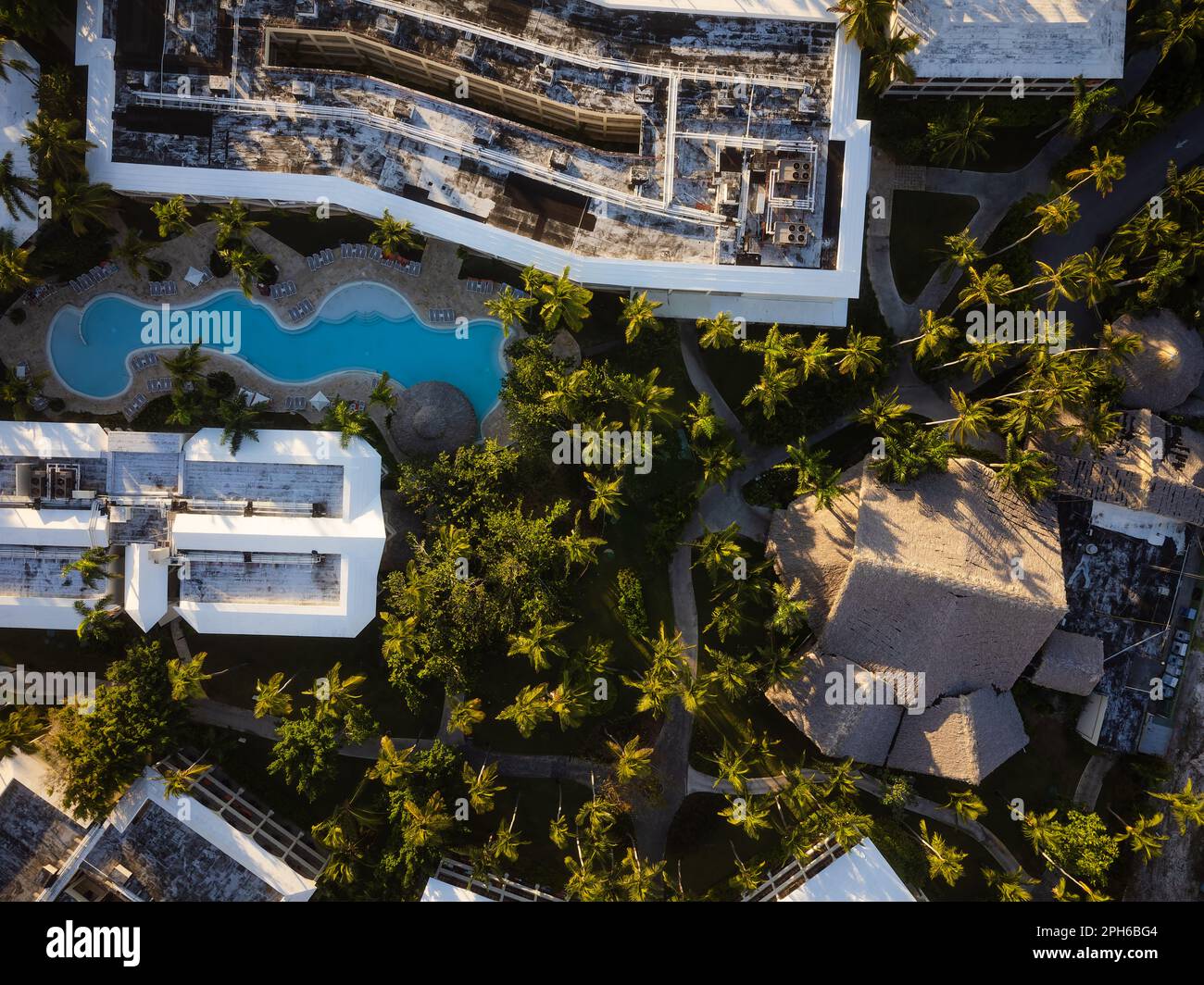 Top view of the resort complex in the middle of the rainforest. Roofs ...