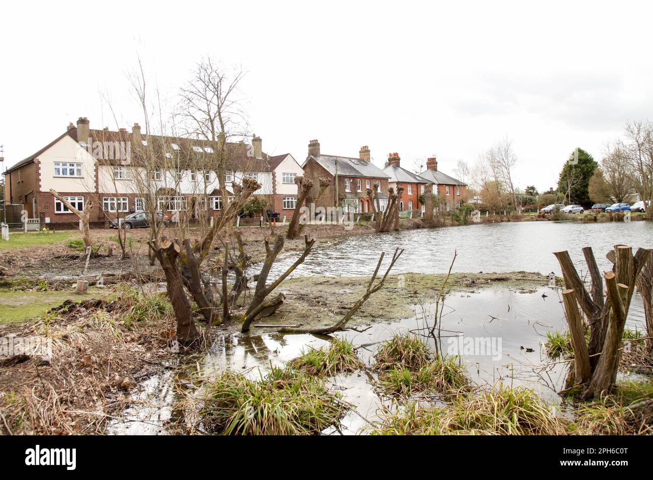 Surrey village cottages across the village pond at Ashtead, Surrey ...