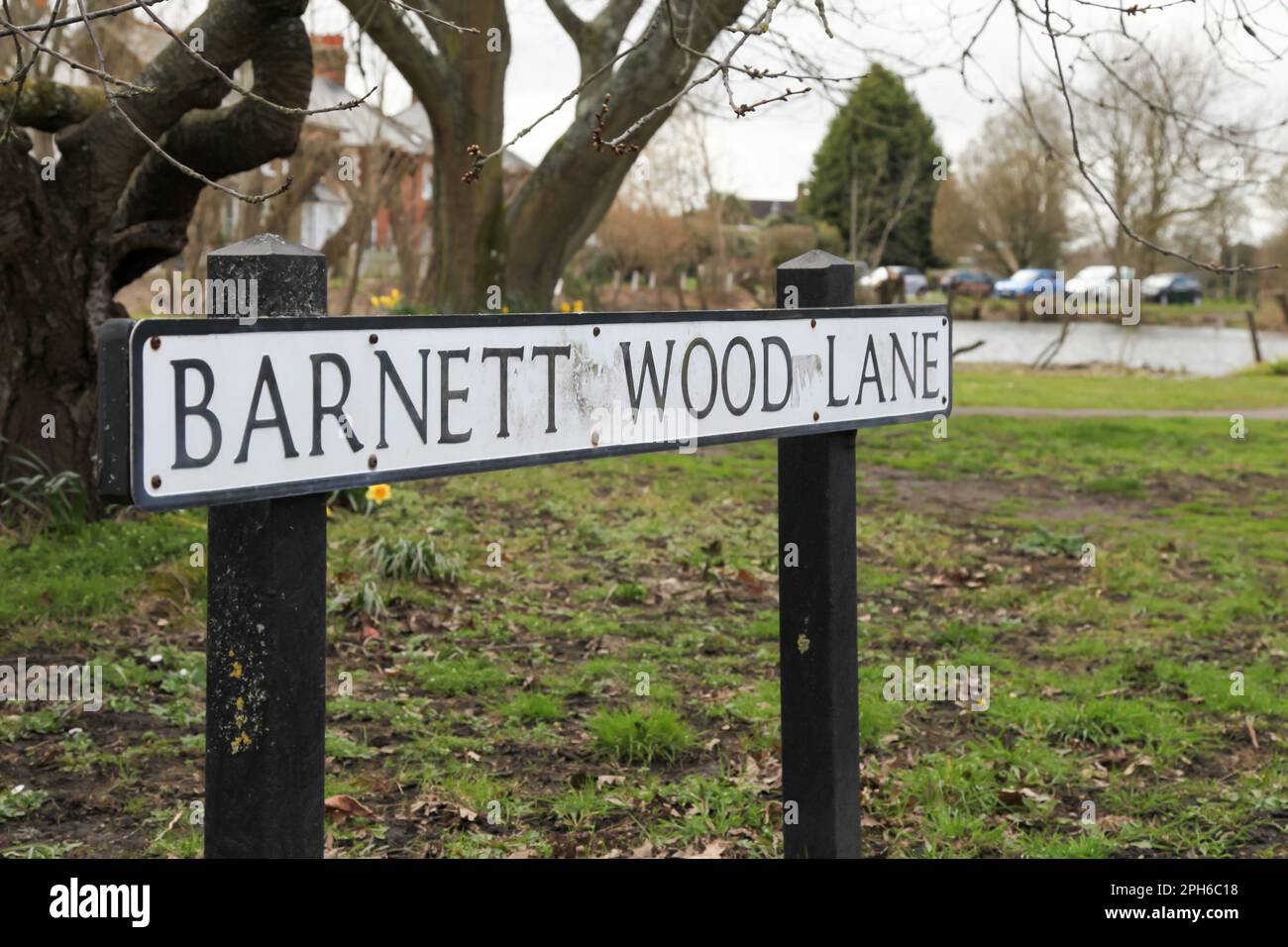 Street sign for Barnett Wood Lane with village pond in background ...