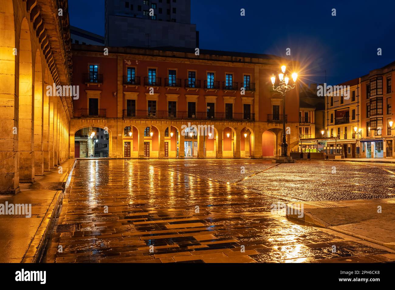 Main square of the tourist city of Gijon at night with its monumental ...