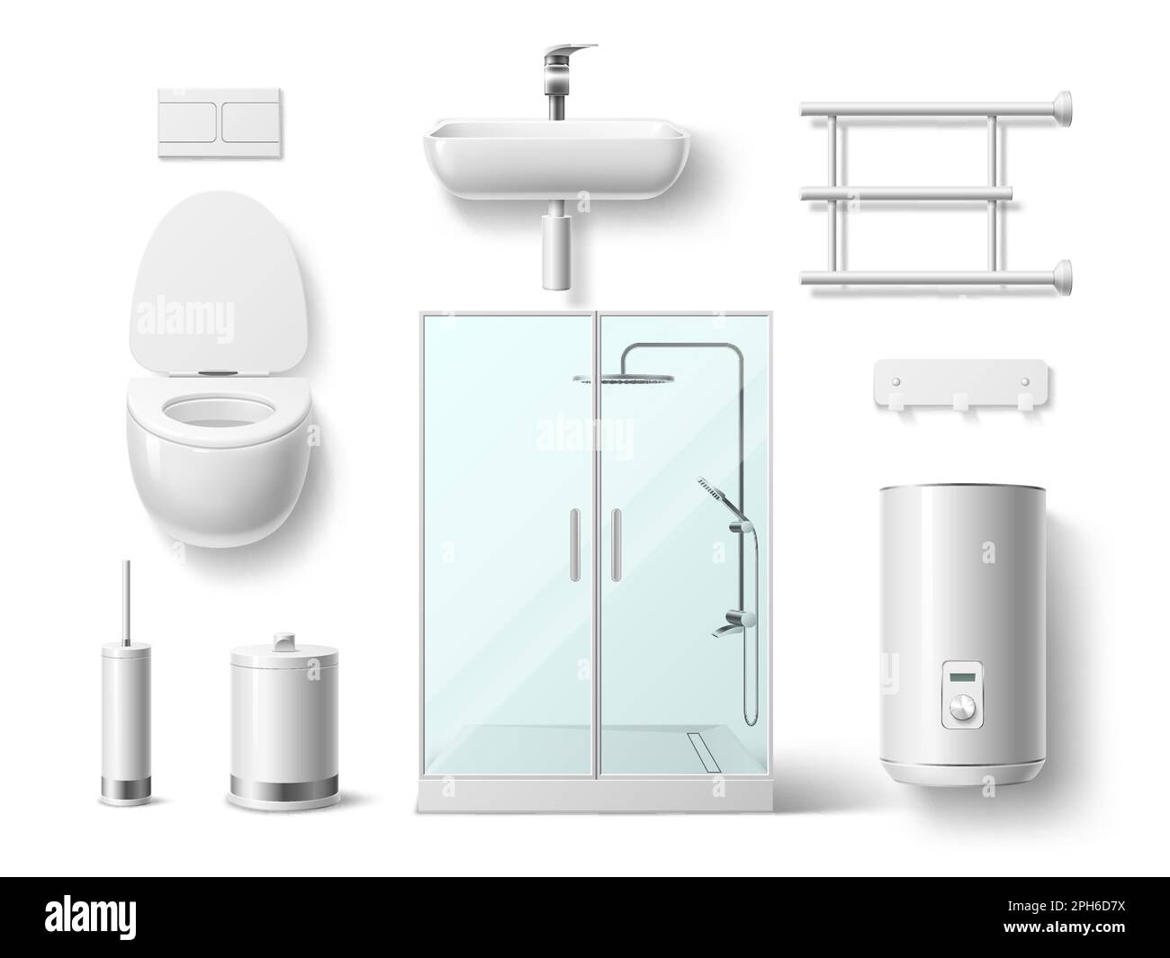 Realistic bathroom elements. 3d plumbing objects, white porcelain sink ...