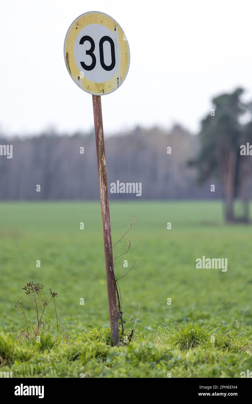 Leuthen, Germany. 26th Mar, 2023. There is a speed limit sign on a ...