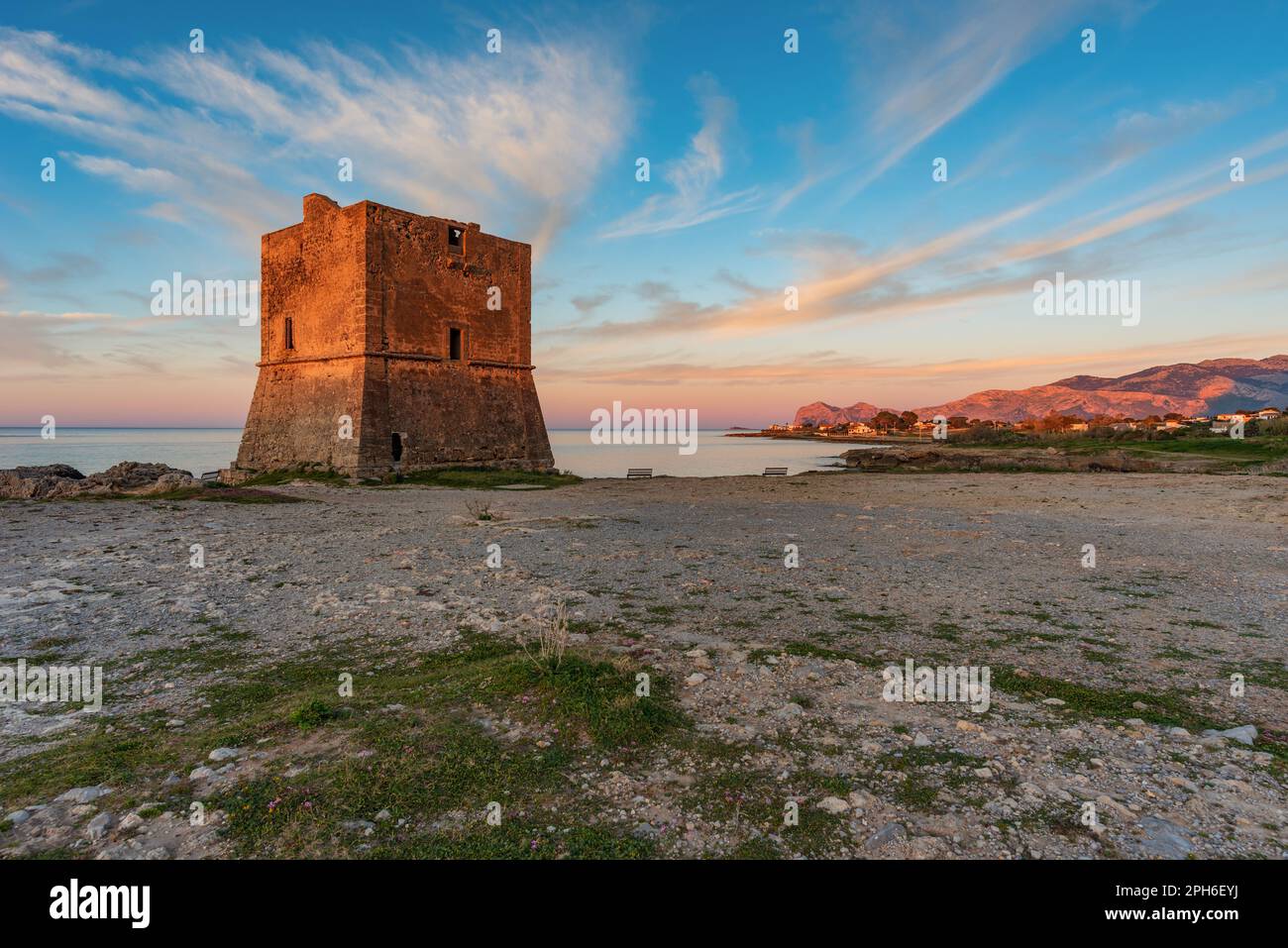 The Saracen tower of Pozzillo at dusk, Sicily Stock Photo - Alamy