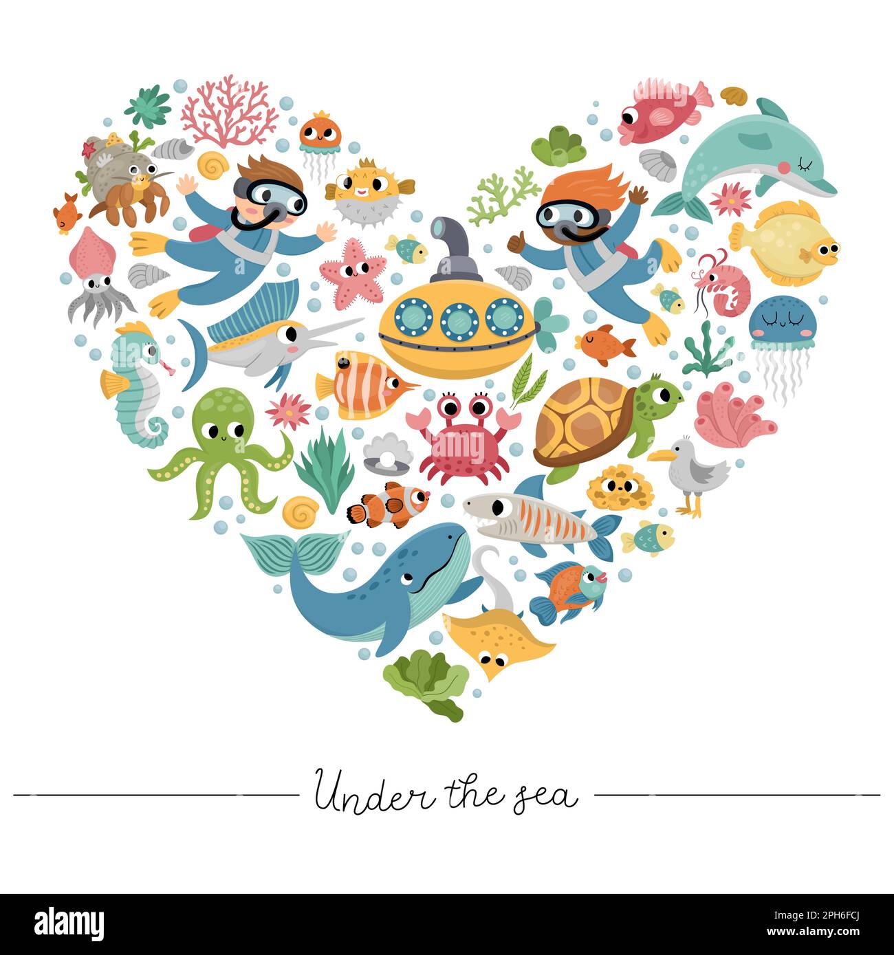 Vector under the sea heart shaped frame with divers, submarine, animals ...