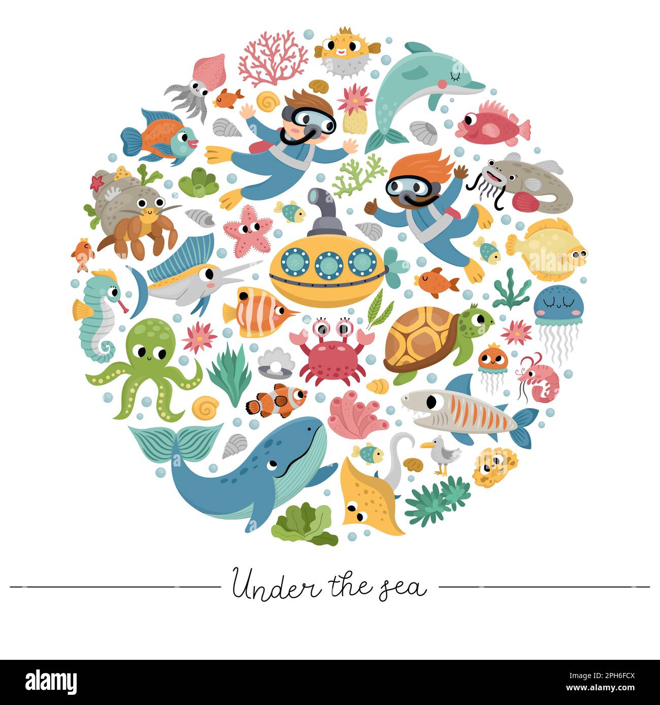 Vector under the sea round frame with divers, submarine, animals, weeds ...
