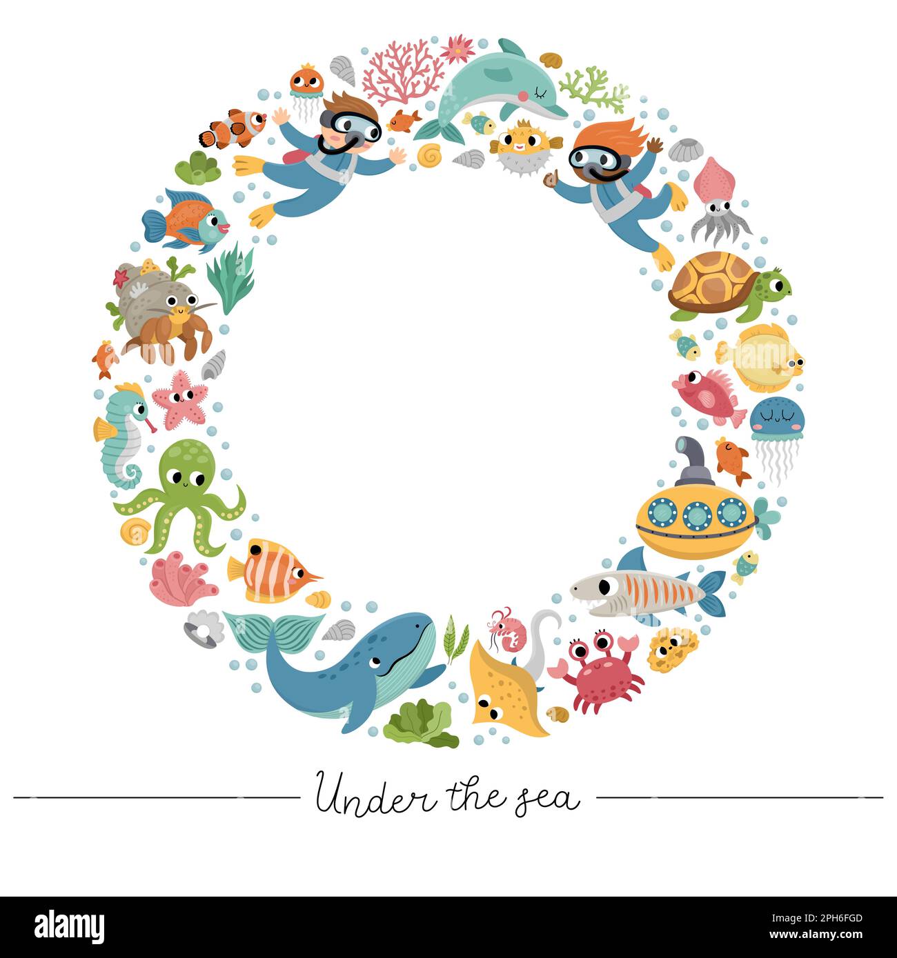 Vector under the sea round frame with divers, submarine, animals, weeds ...