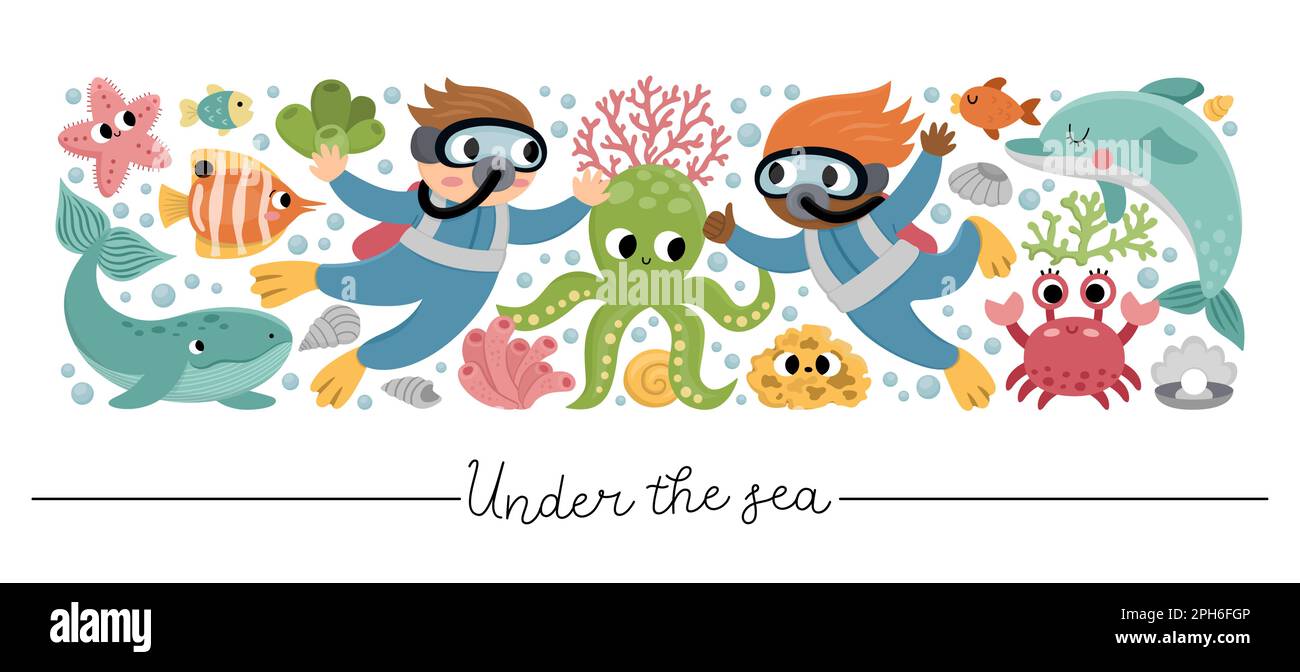 Vector horizontal under the sea border set with fish, divers. Ocean ...