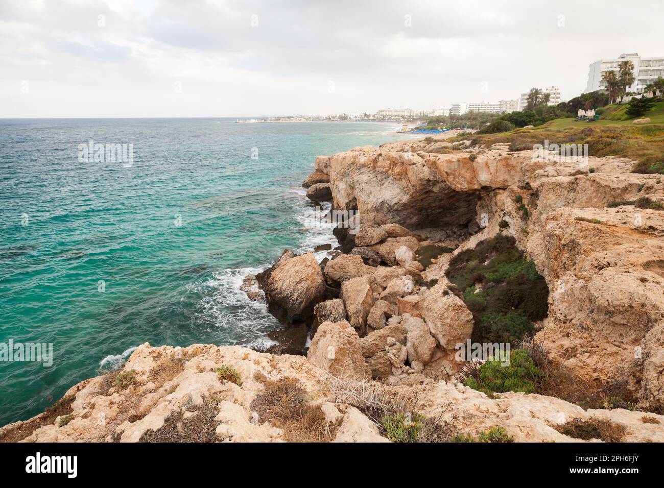 Coastal landscape of Ayia Napa resort town. Empty rocky coast of Cyprus ...