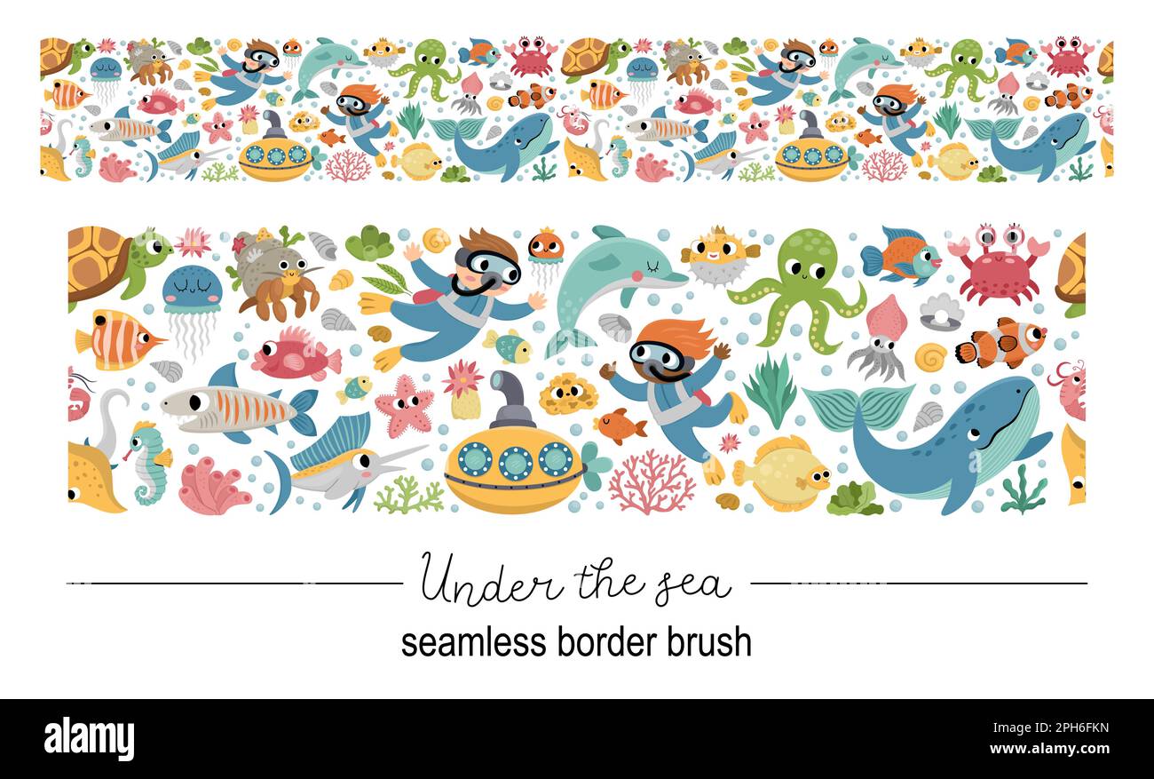 Vector under the sea seamless pattern border brush. Horizontal repeat ...