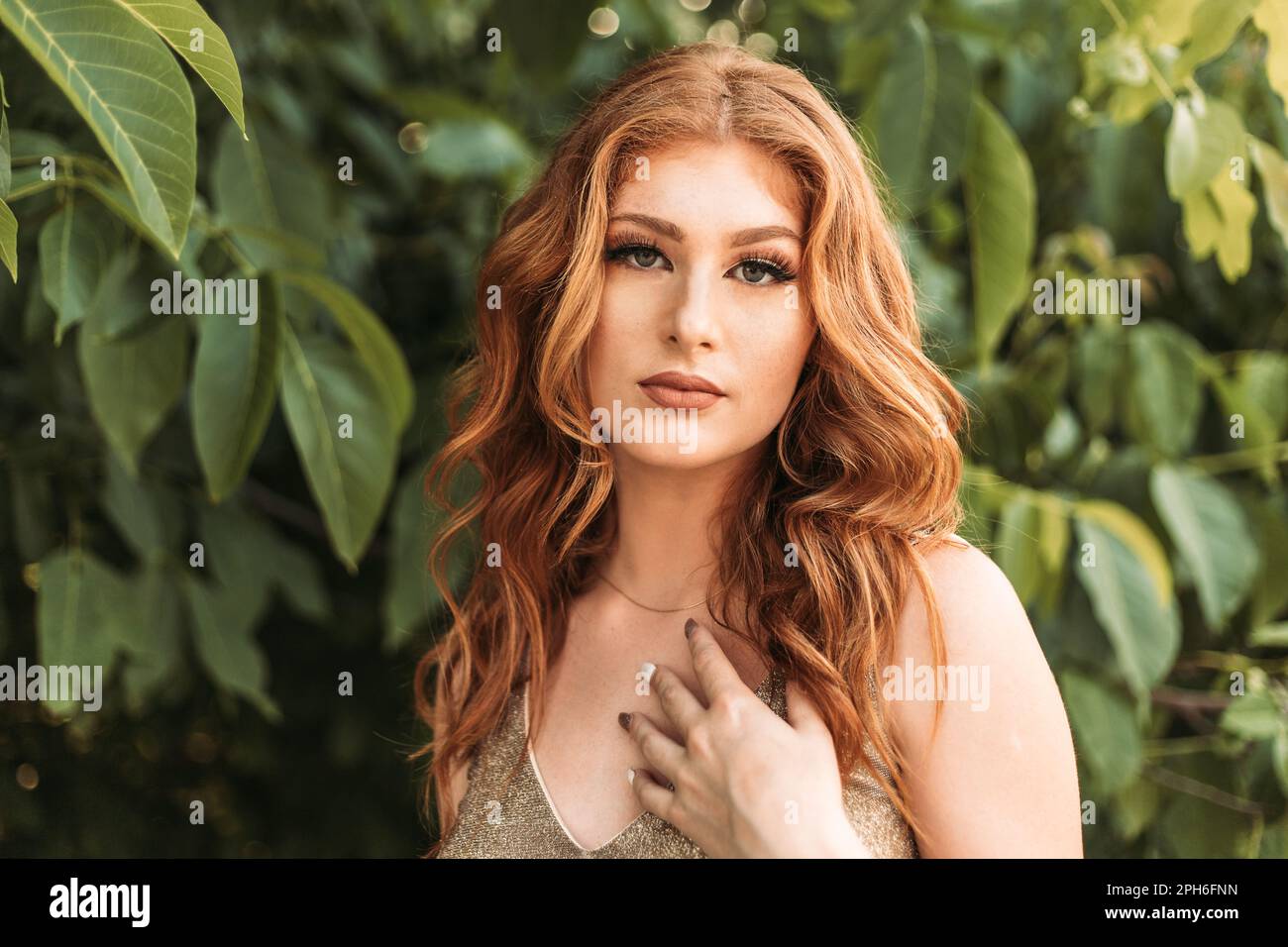 Beautiful Ginger Teen Girl In Glamorous Golden Dress Ready For Her