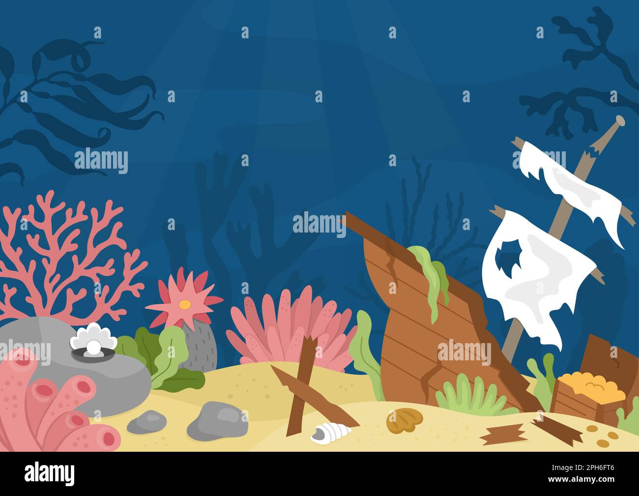 Vector under the sea landscape illustration with wrecked ship. Ocean ...