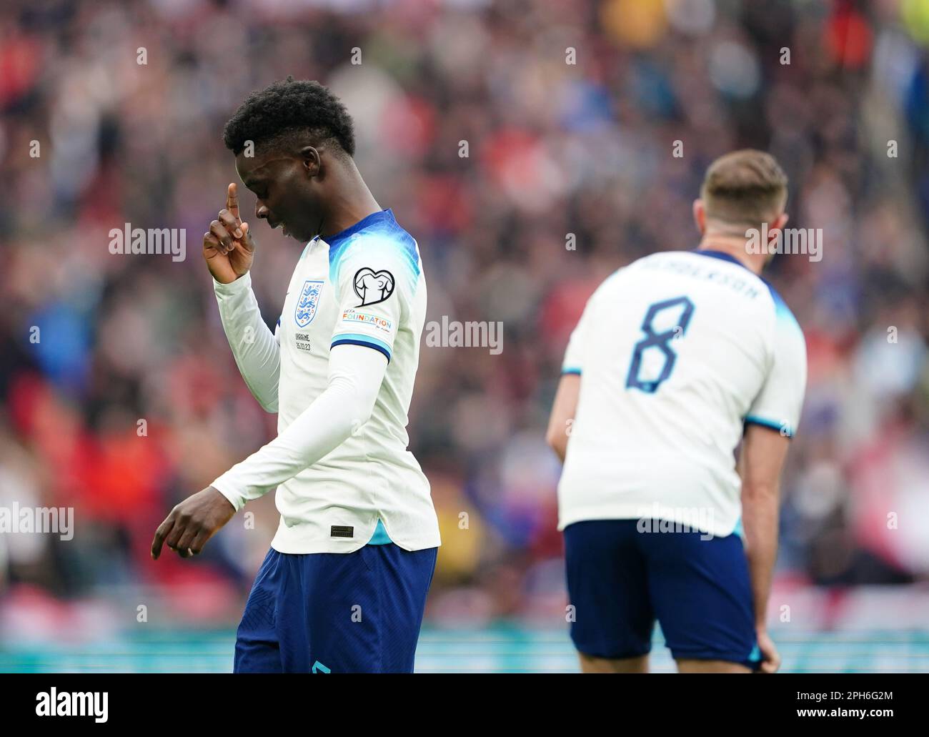 England's Bukayo Saka celebrates scoring their side's second goal of ...