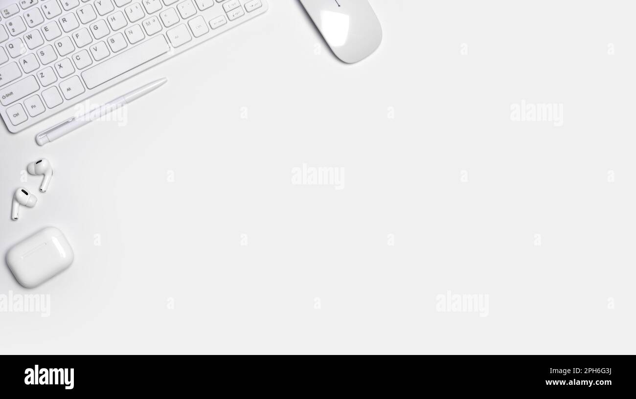 Total white workplace table on white background with copy space Stock ...