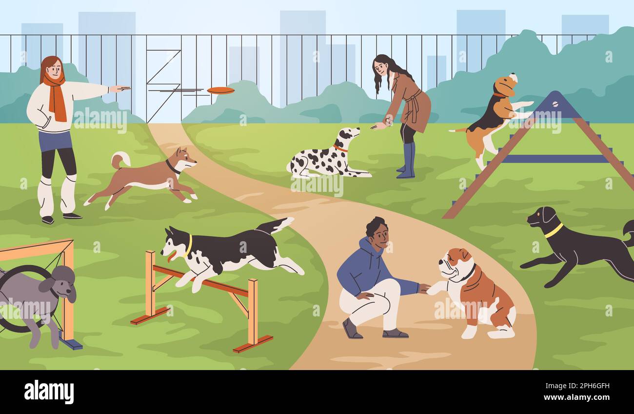 Dog training process. Owners walk their pets on dog playground with ...