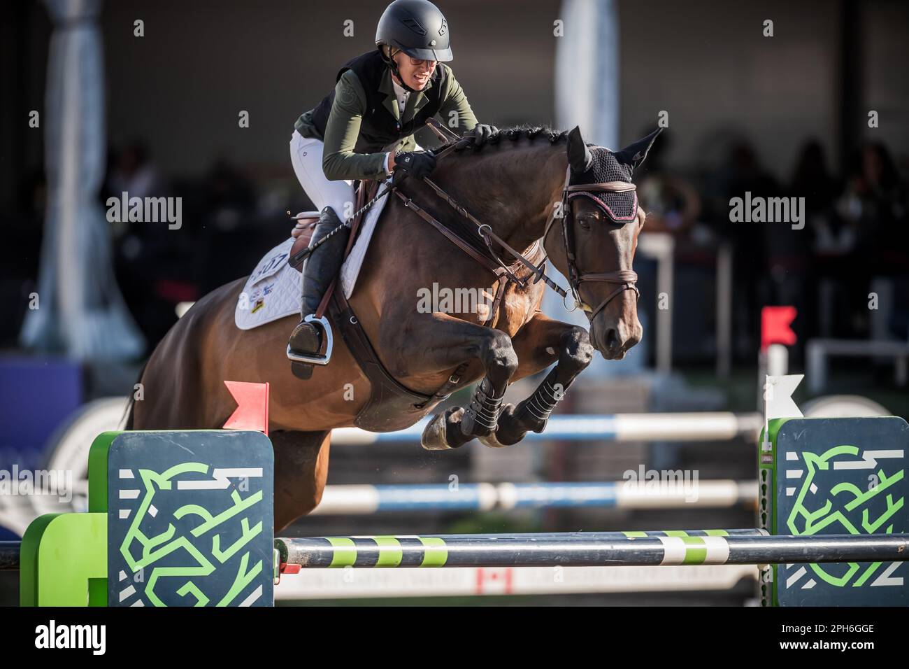 Amy Millar of Canada competes on the Major League Show Jumping tour ...