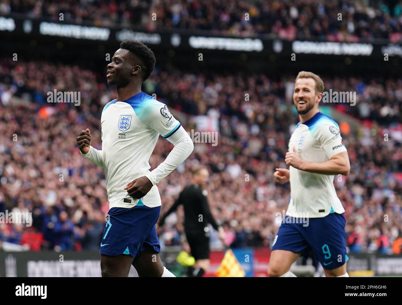 England's Bukayo Saka celebrates scoring their side's second goal of ...