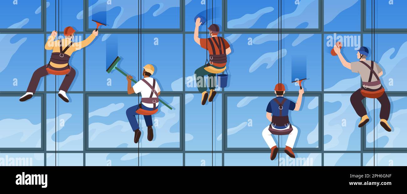 Industrial climbers. Cartoon professionals wash windows of skyscraper ...