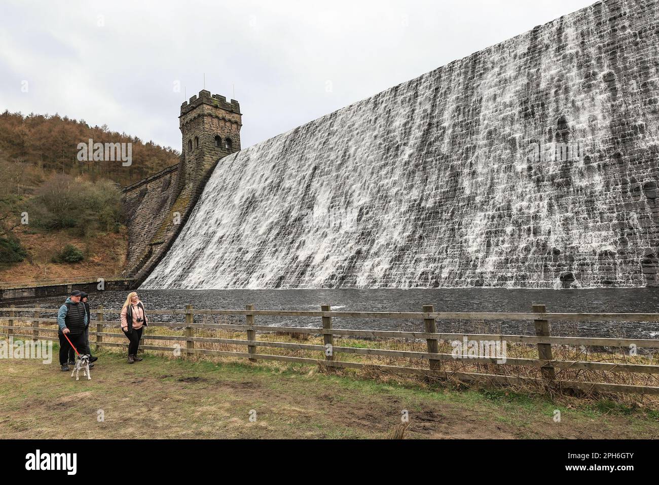 Bamford, UK. 26th Mar, 2023. Derwent Dam overflows as Derwent reservoir ...