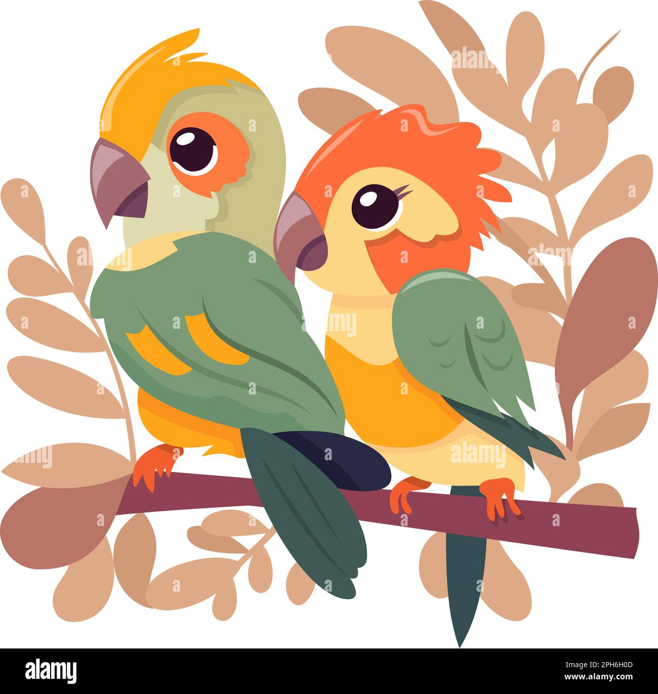 A cartoon vector illustration of two cute parrots perching on a tree ...