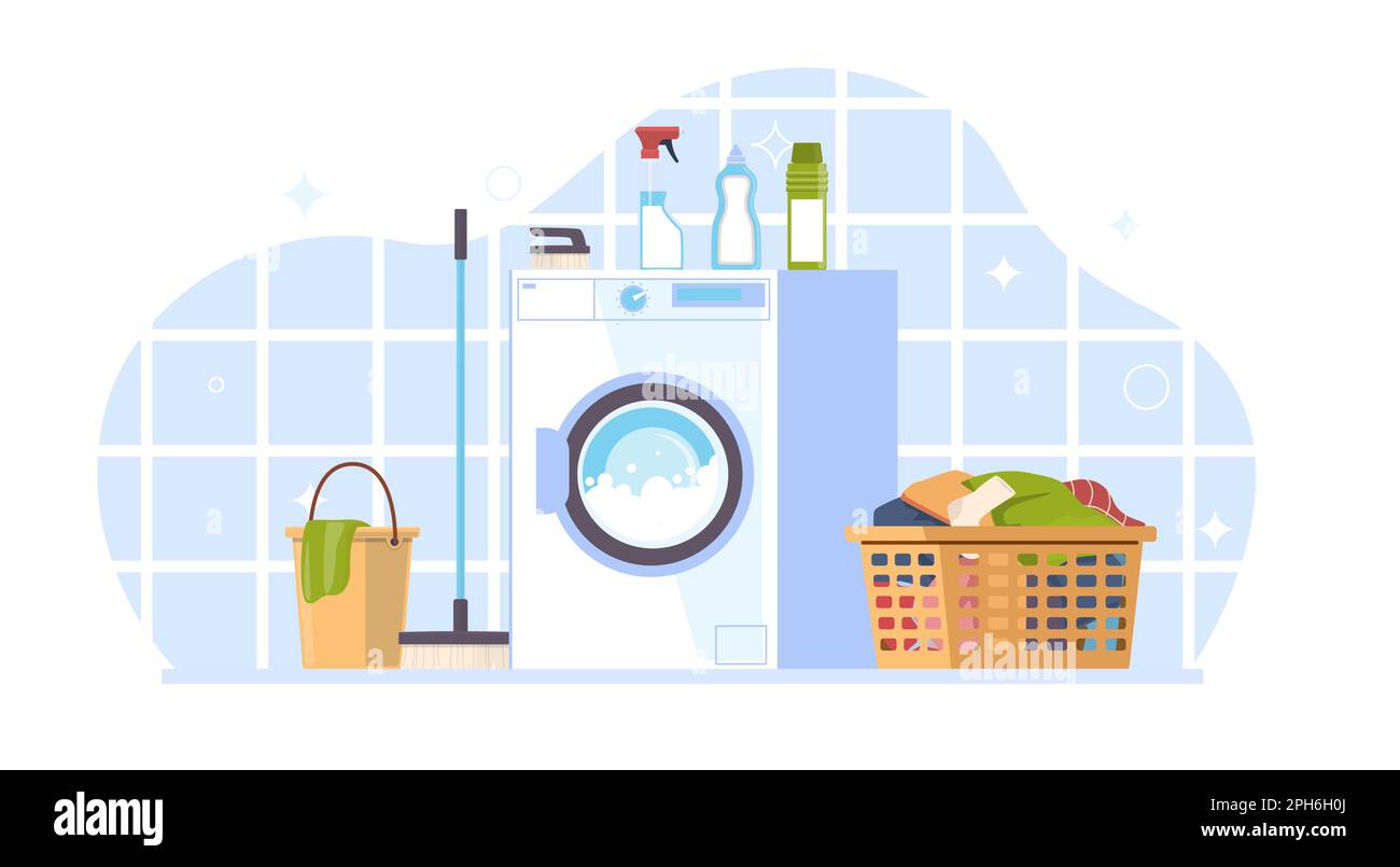 Modern laundry room with washing machine, basket with dirty clothes and ...