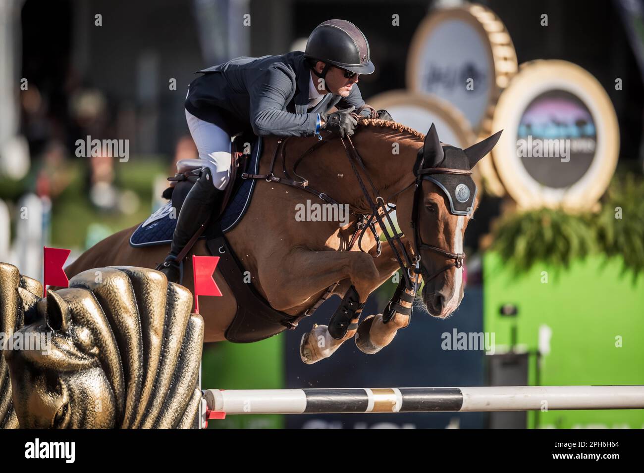 A professional rider competes during the 2022 Major League Show Jumping ...