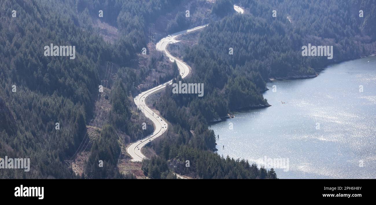 Aerial view of Sea to Sky Highway in Squamish, BC, Canada Stock Photo ...