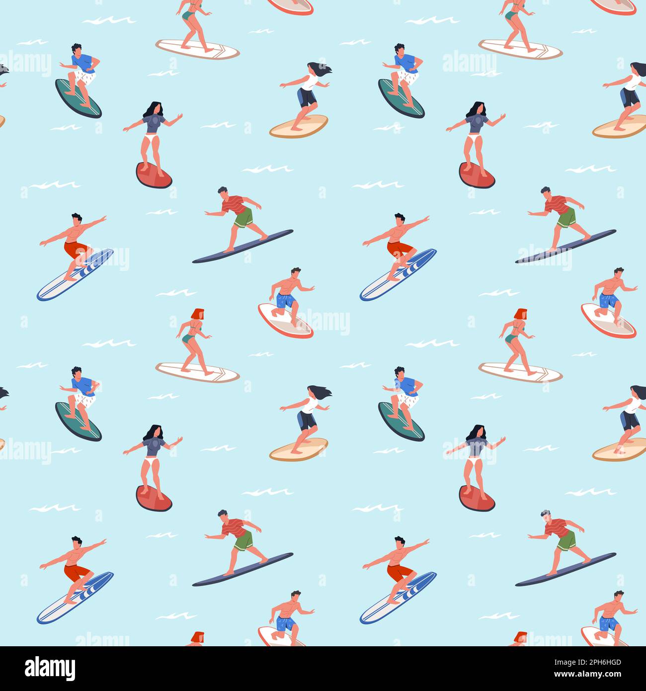 Surfers seamless pattern. Happy people surf waves on boards trendy ...