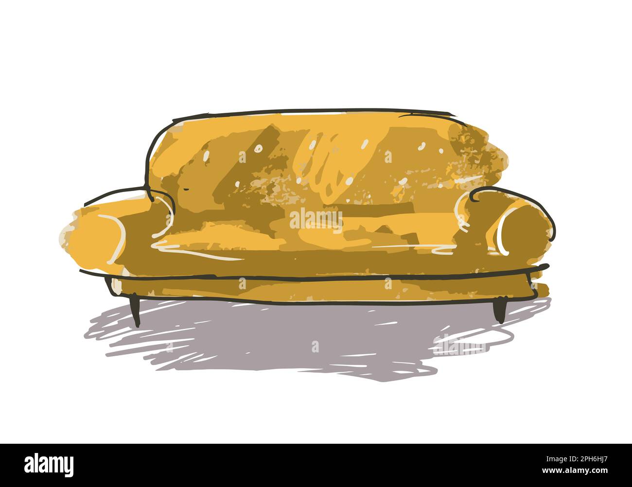 Vintage yellow upholstered sofa drawing with felt pen, modern quick ...
