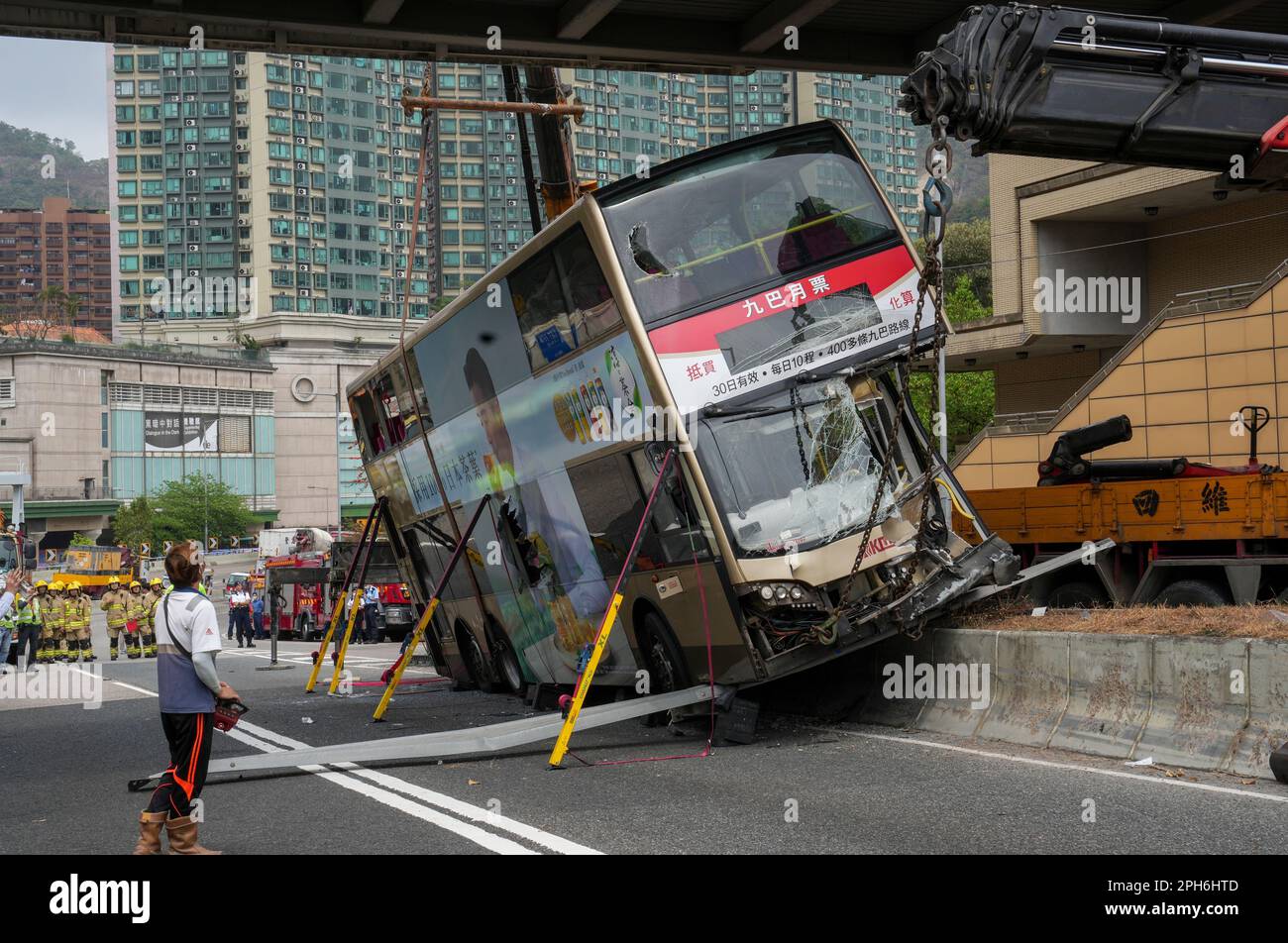 A double decker KMB bus, on route 290A from Tseung Kwan O to Tsuen Wan ...