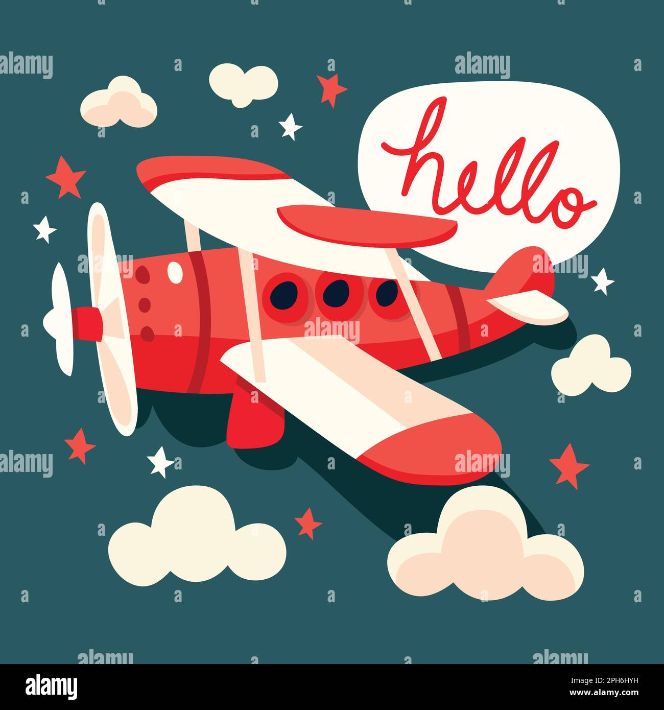 A cartoon vector illustration of a red retro plane with hello phrase ...