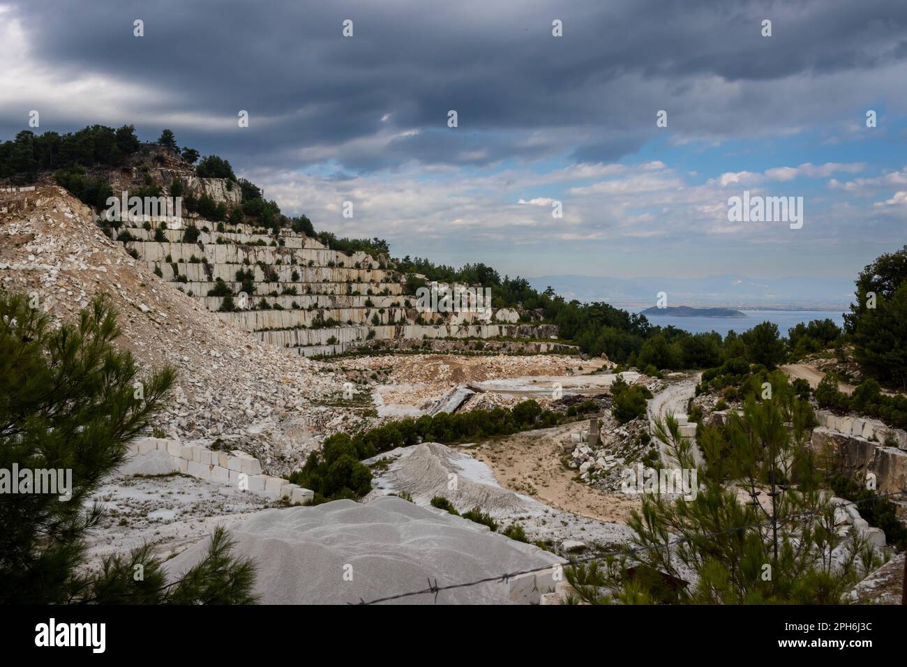 Marble mining plant at the east of the island. White stone in blocks ...