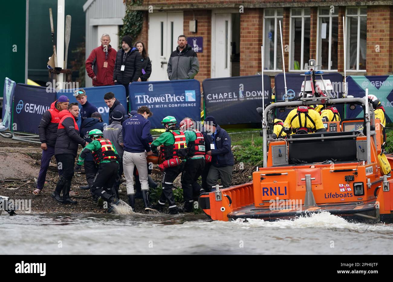Oxford's Felix Drinkall is carried away on a stretcher after the men's ...