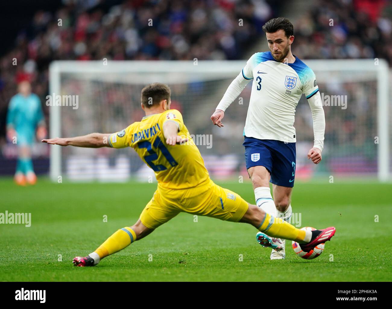 Ukraine's Oleksandr Karavaev (left) challenges England's Ben Chilwell during the UEFA Euro 2024 ...