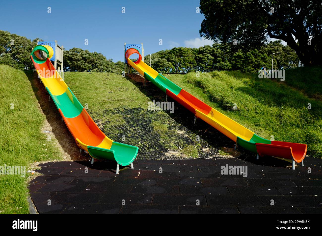 Colorful slides at a playground at the oceanfront of New Plymouth in ...