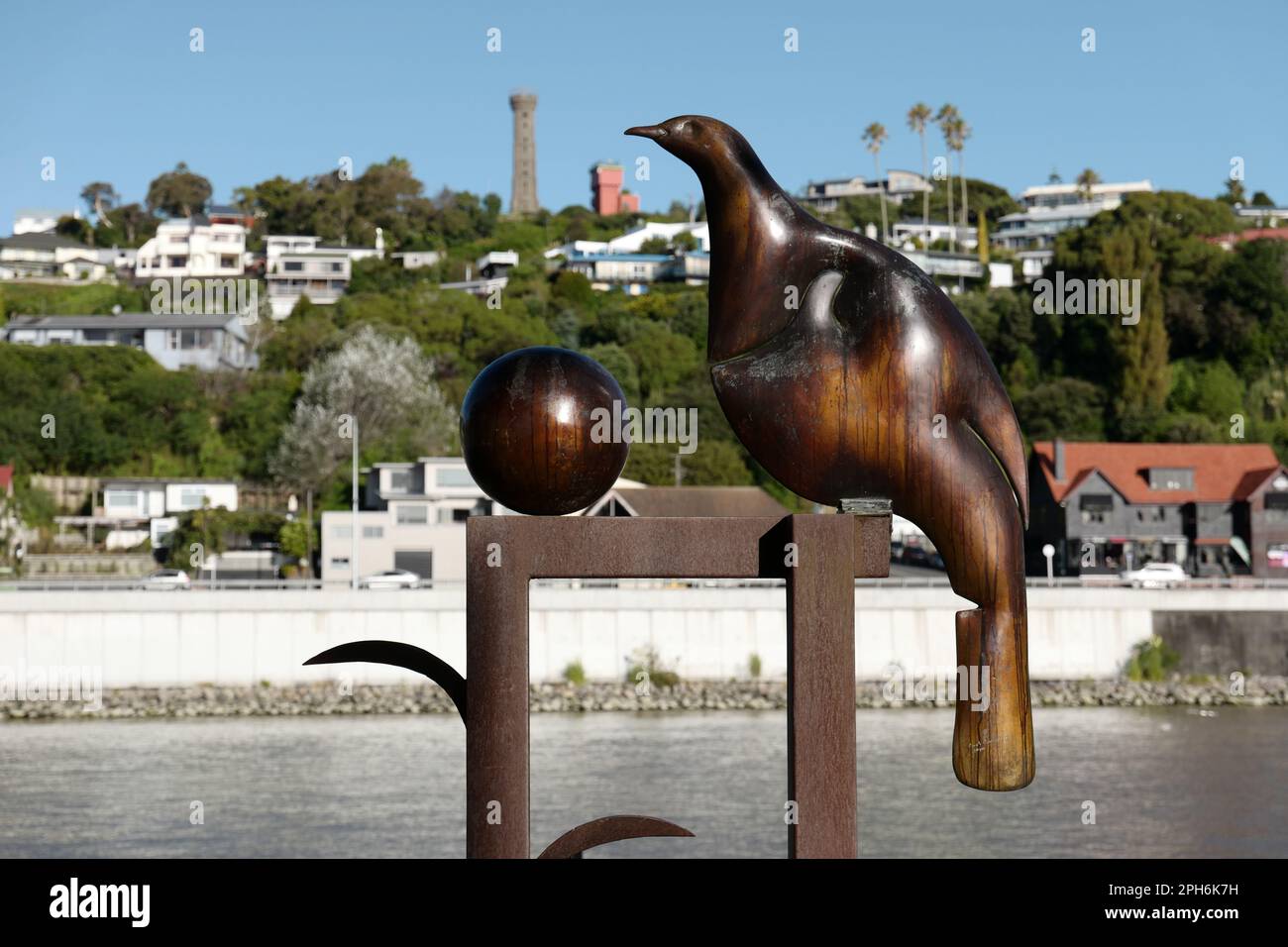 Art installation with bird and sphere in Whanganui in New Zealand Stock ...