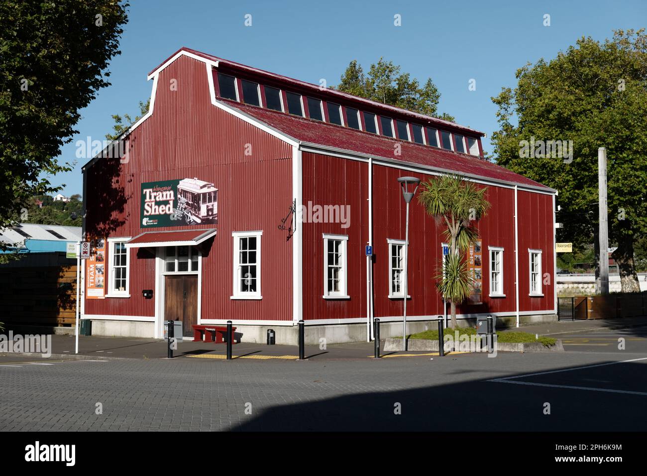 Dark red tram shed in Whanganui on the north island of New Zealand ...