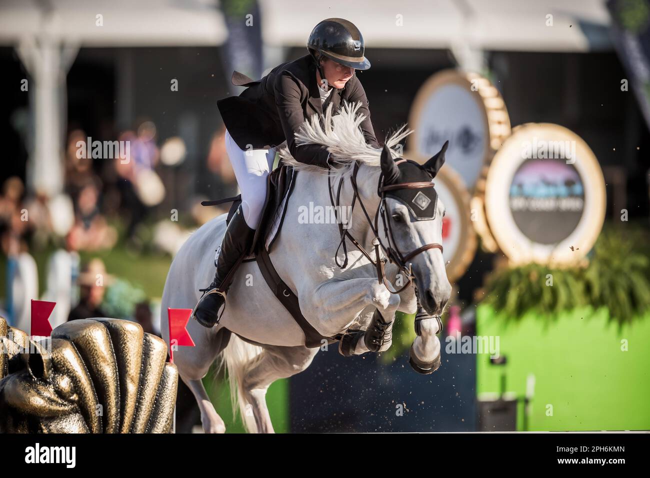 A rider competes in the Major League Show Jumping tour at Angelstone ...