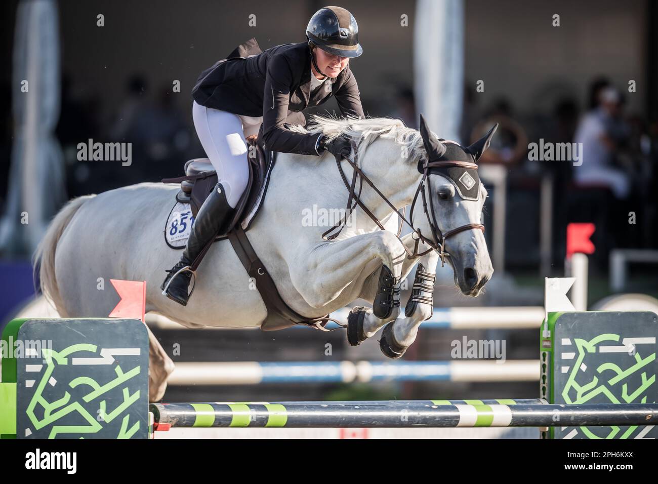 A rider competes in the Major League Show Jumping tour at Angelstone ...