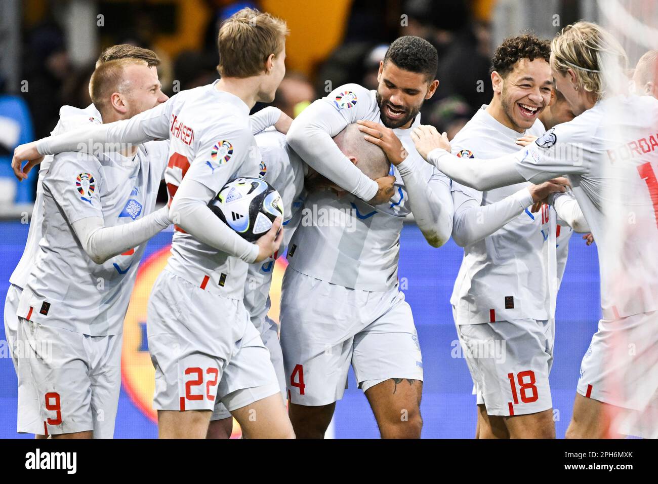 Iceland's Aron Gunnarsson, third left, and Victor Palsson, fourth left ...