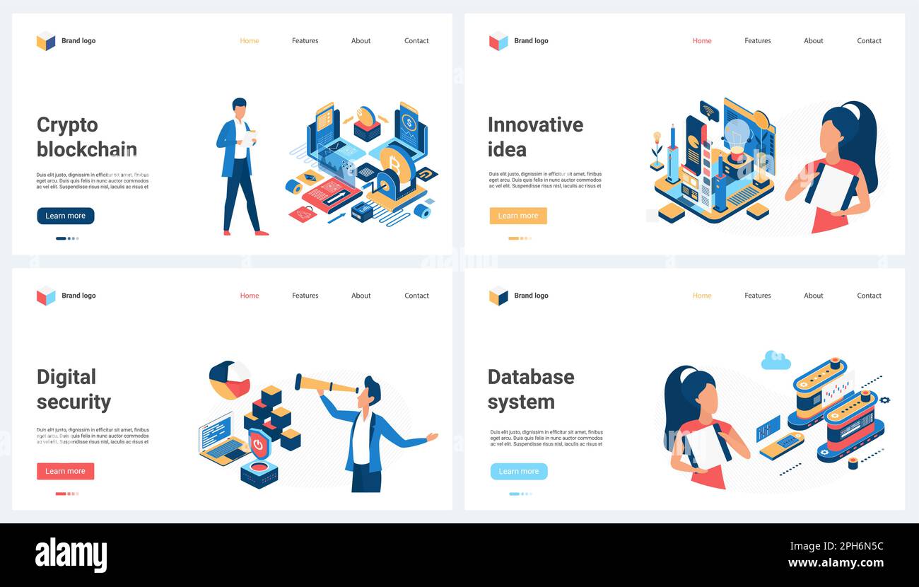 Safety of digital money and data, innovative crypto currency, blockchain set vector illustration ...