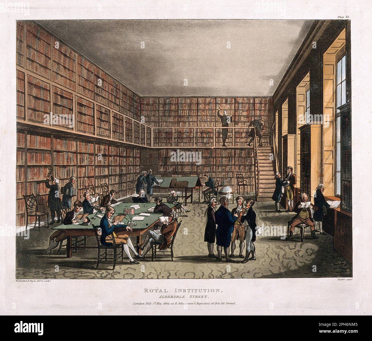 The Royal Institution interior, London, vintage colour engraving from ...