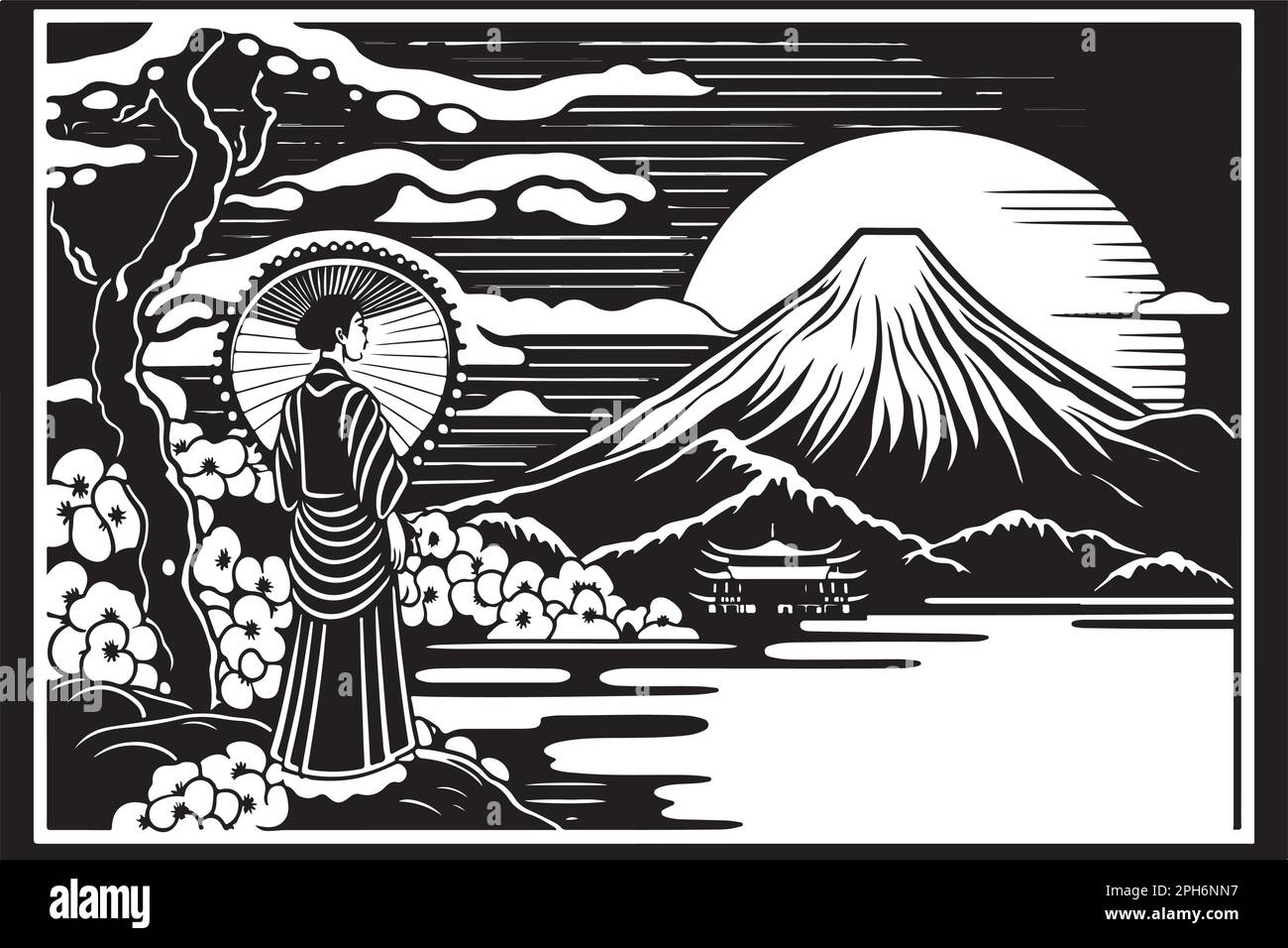 Beautiful linocut art or colouring page of Japan made for print digital ...