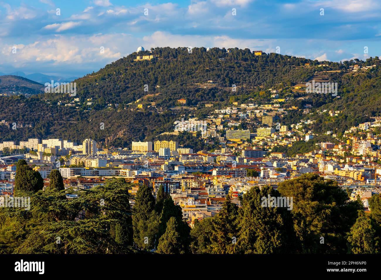 Nice, France - July 30, 2022: Nice sunset panorama with Riquier, Cimiez ...