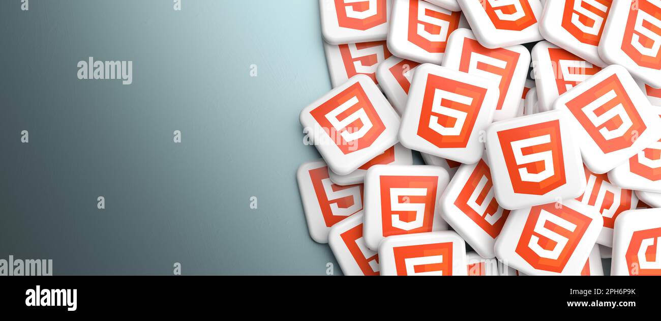Logos Of The Hypertext Markup Language Html 5 On A Heap On A Table Web Banner Format Copy 4237