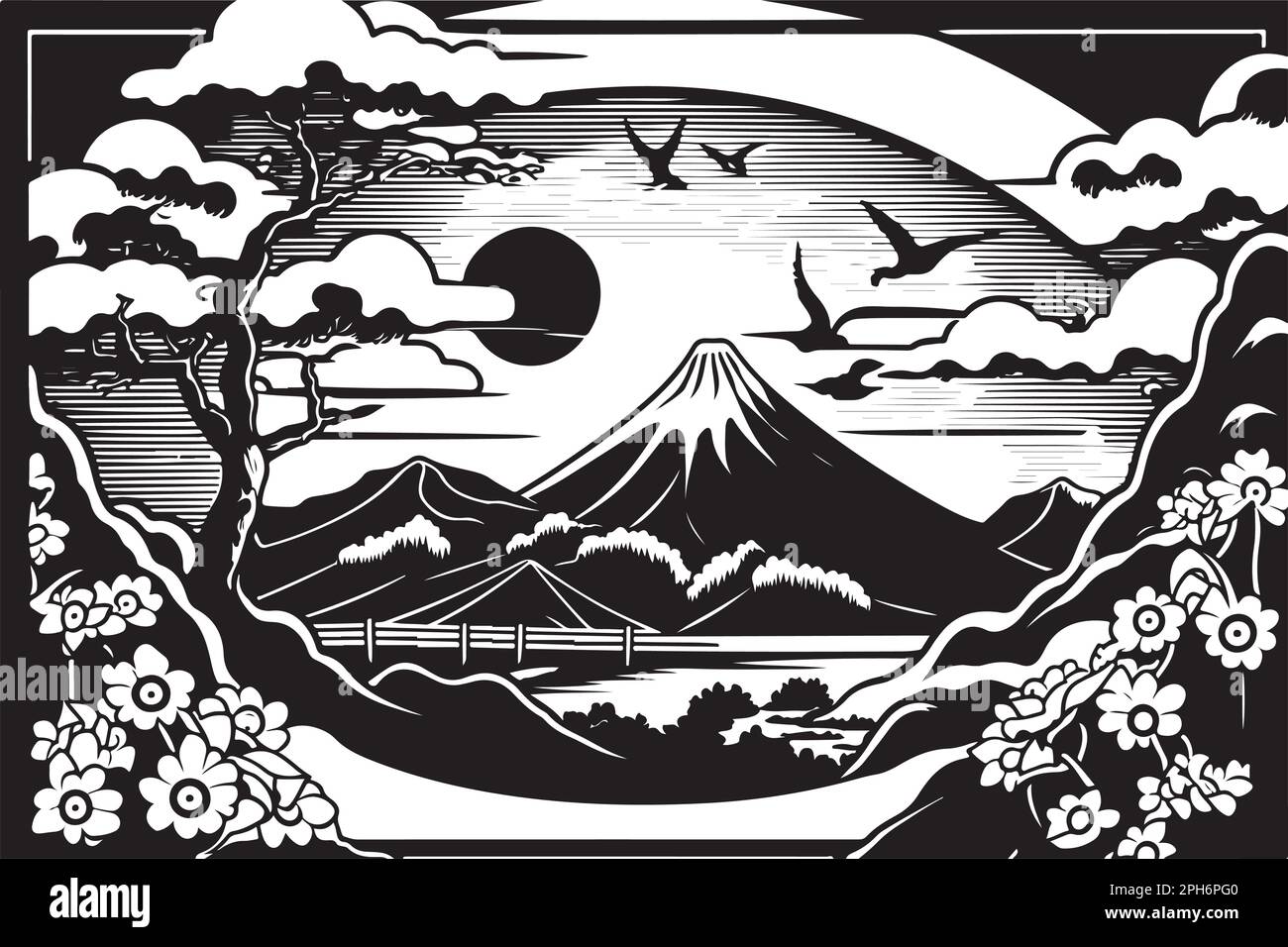 Beautiful linocut art or colouring page of Japan made for print digital ...