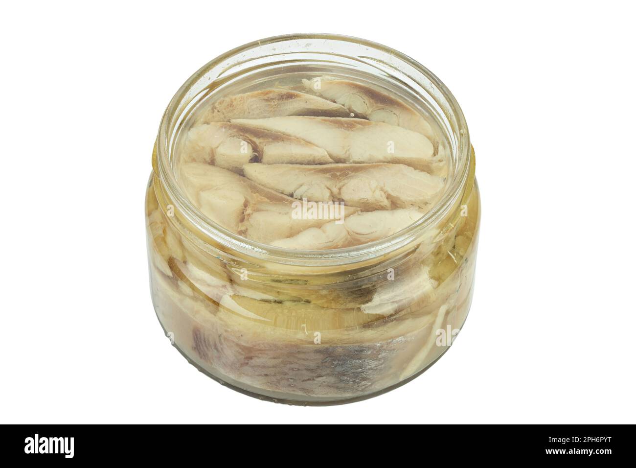 Sliced salted and pickled herring fish in jar isolated on white ...