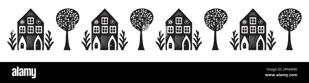 Monochrome woodland village bordure, edging of woodland cottage trim ...