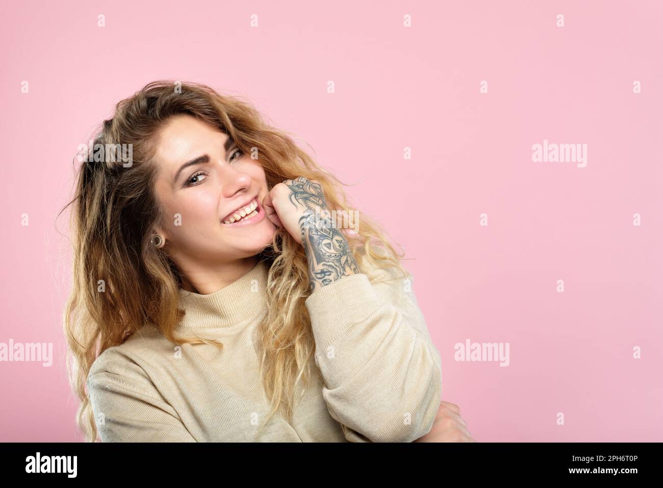 emotion face smiling woman pleased self satisfied Stock Photo - Alamy