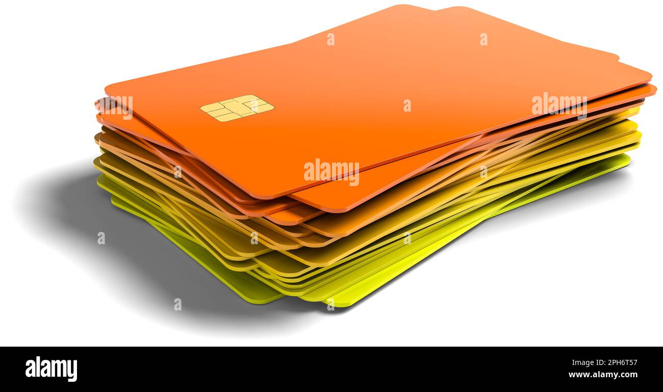 A stack of credit cards isolated on a white background. Color gradient ...