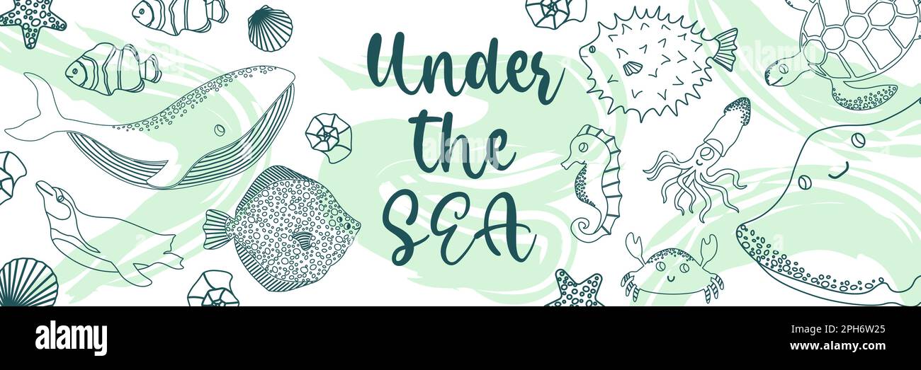 Vector ocean illustration with whale,penguin,fish,squid,seahorse ...